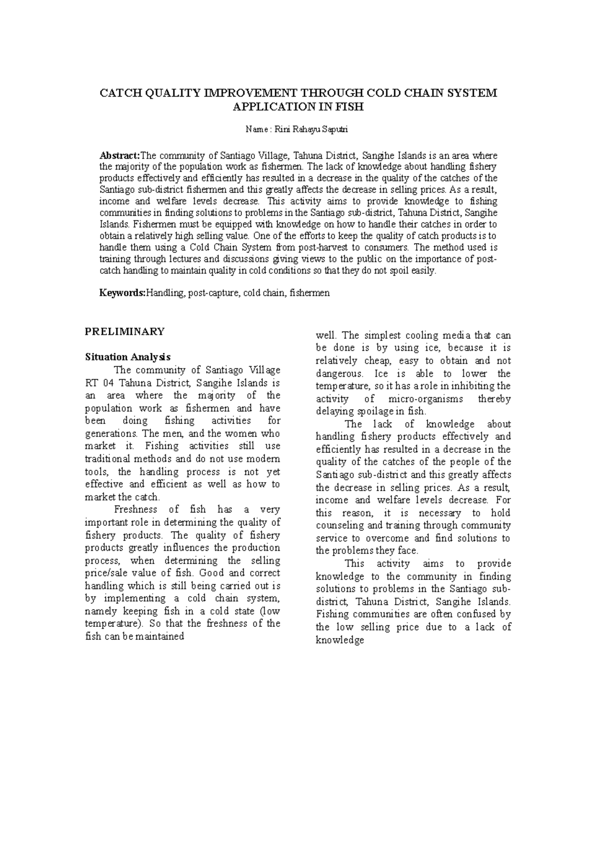 Catch Quality Improvement Through COLD Chain System Application IN FISH ...