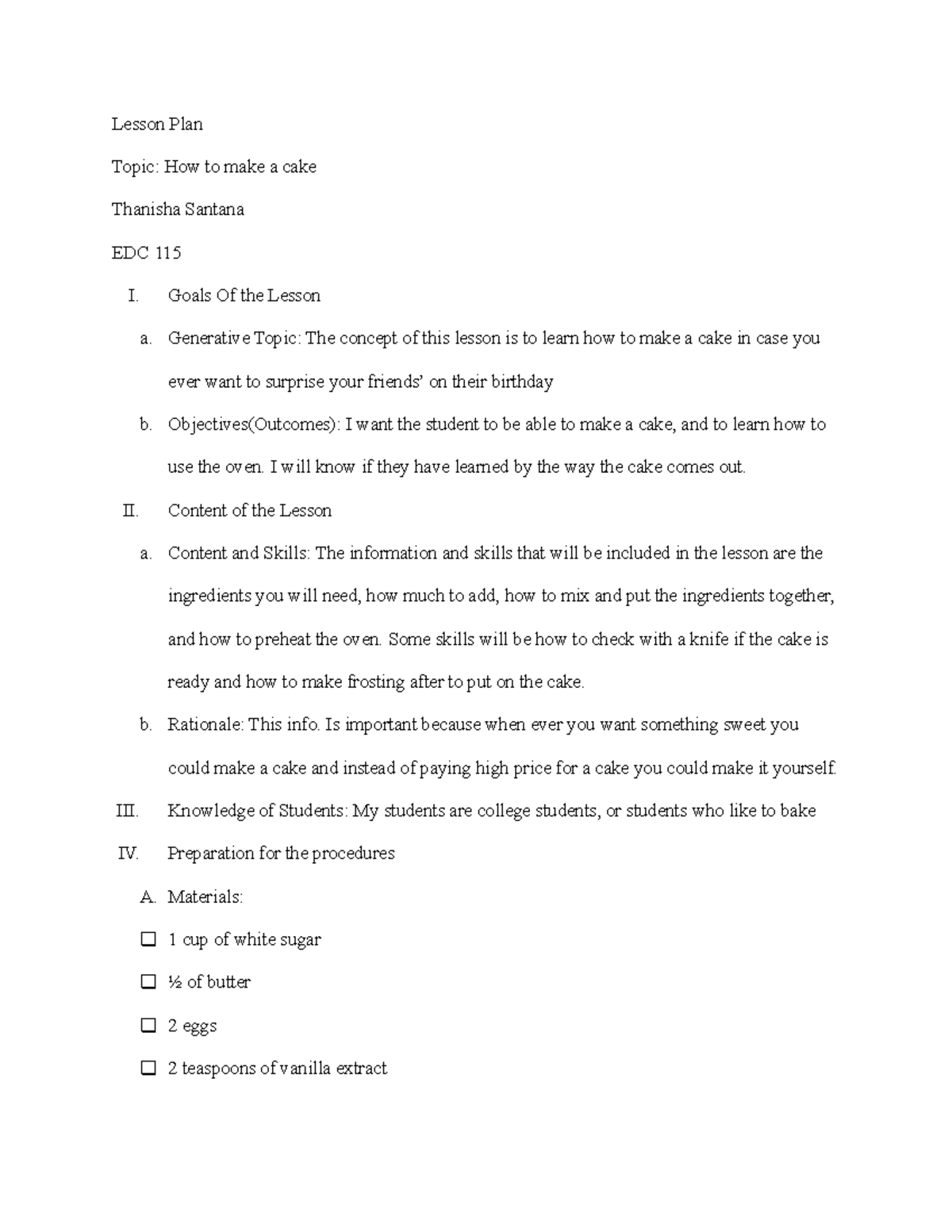 Lesson Plan - Lesson Plan Topic: How to make a cake Thanisha Santana ...