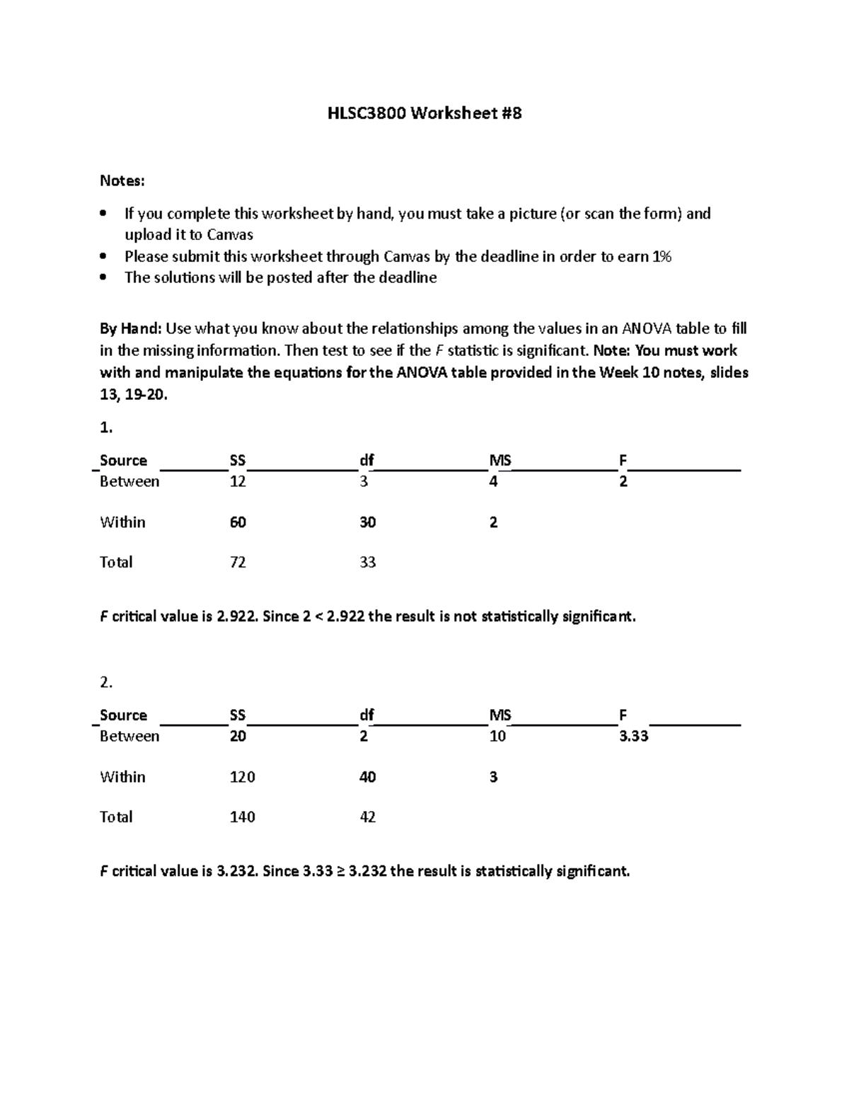 Worksheet 8 - Lecture notes week 8 - HLSC3800 Worksheet Notes: If you ...