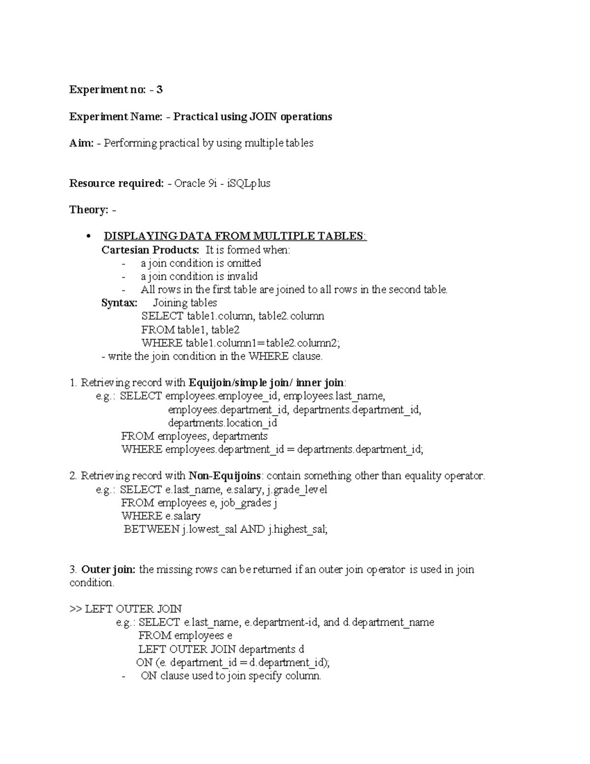 Chirag A22 Dbms Exp3 Dbms Experiment No 3 Experiment Name Practical Using Join