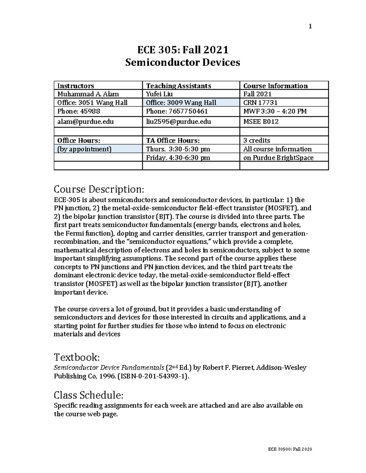 Syllabus fall 2021 - ECE 30500: Fall 2020 ECE 305 : Fall 20 21 Semiconductor Devices Instructors ...