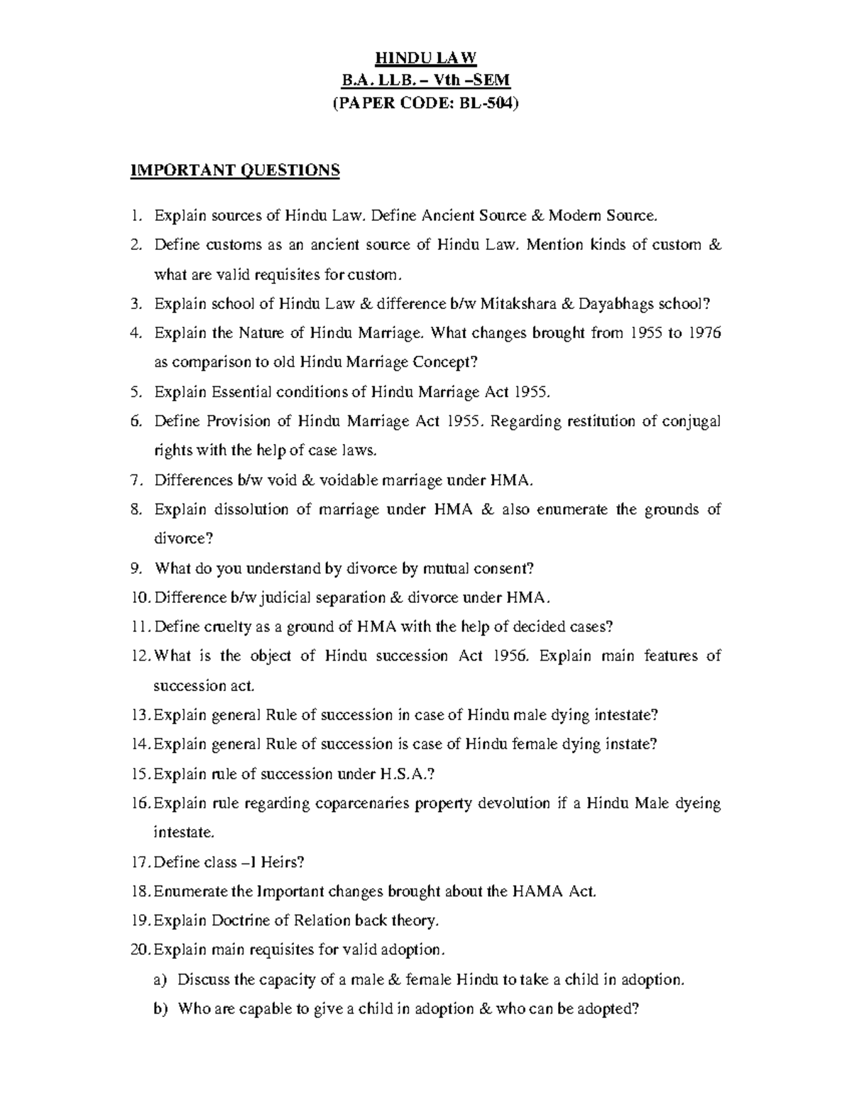 Hindu LAW BL- 504 Question Paper - HINDU LAW B. LLB. – Vth –SEM (PAPER ...