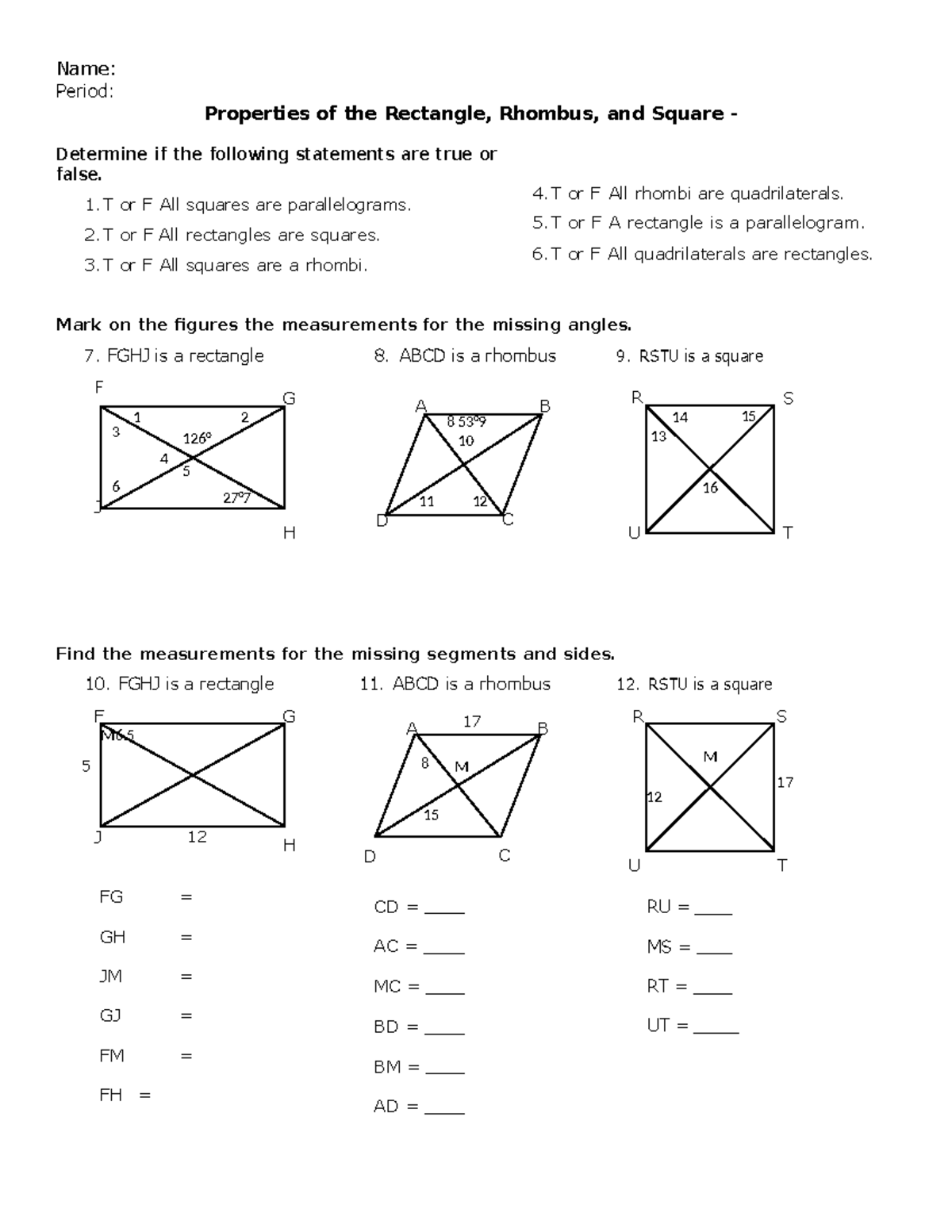 8.4 HW Properties Rect Rhom Squ Practice - Name: Period: Properties of ...