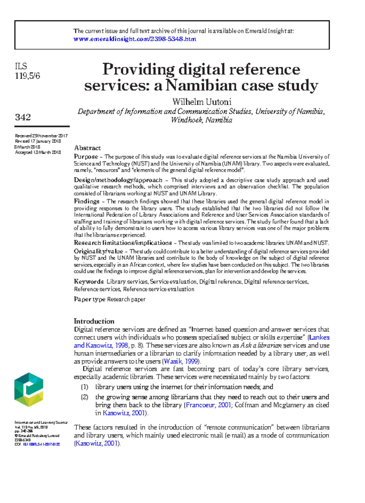 Article IMD 314 - Providing digital reference services: a Namibian case ...