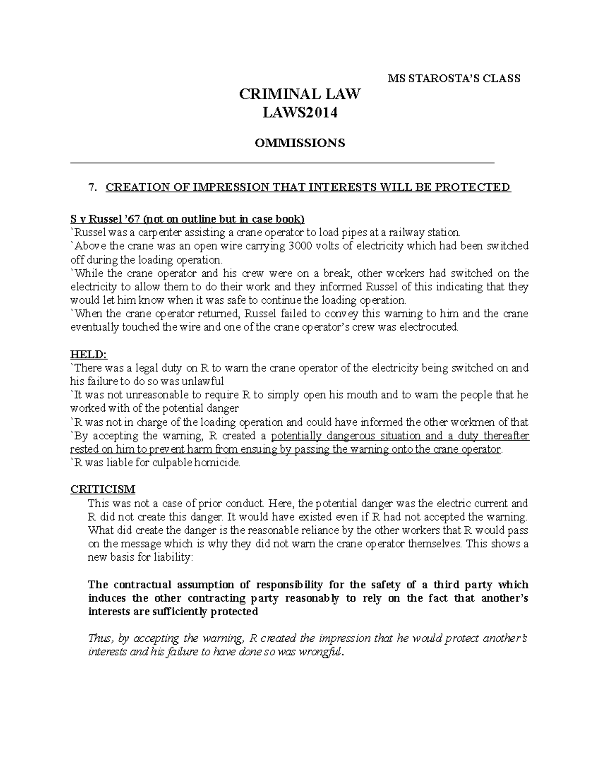 Criminal Law Ommissions Creation of Impression - MS STAROSTA’S CLASS ...