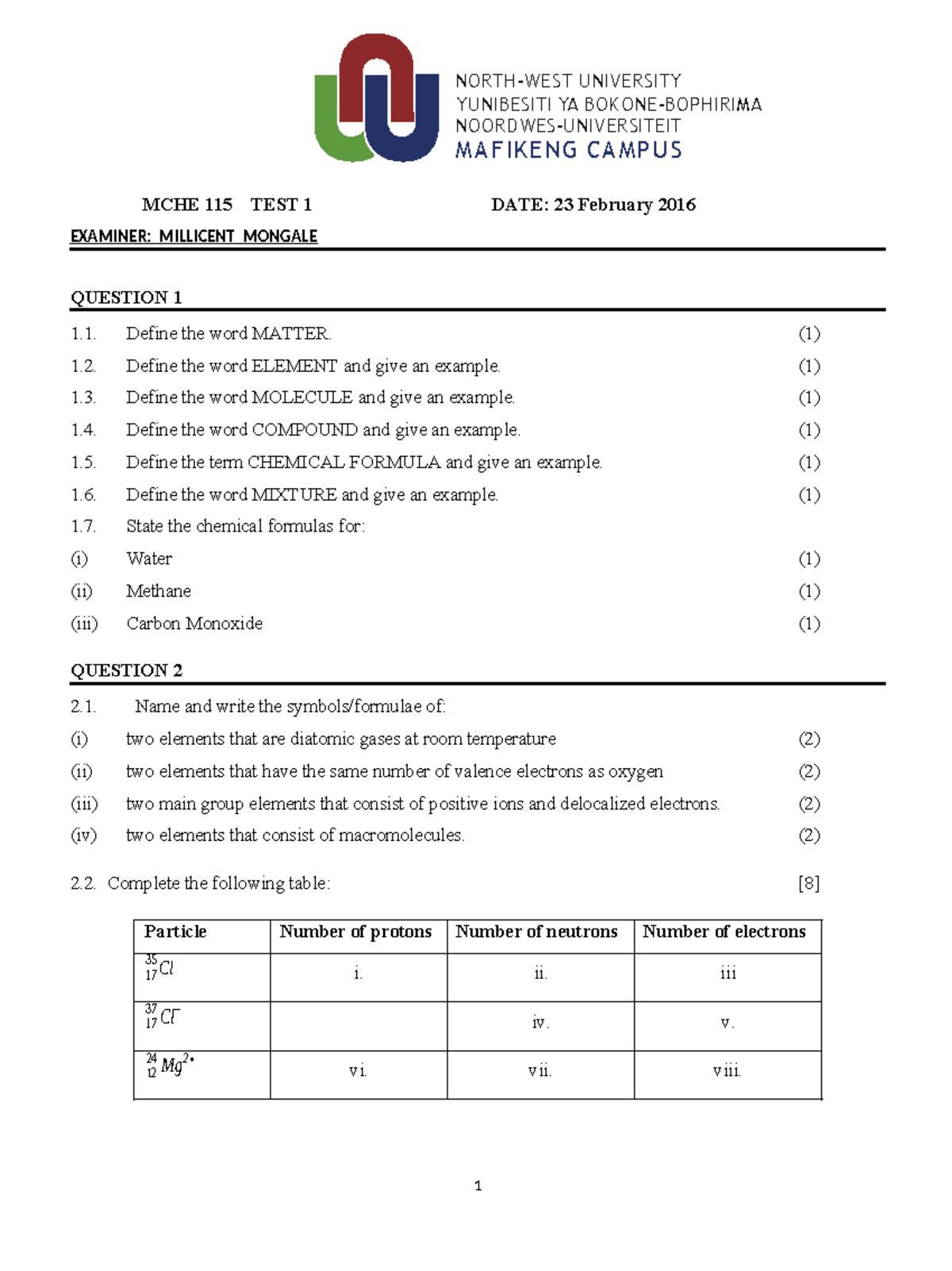 Test 1-MCHE 115 - organic chemistry - NORTH-WEST UNIVERSITY YUNIBESITI ...