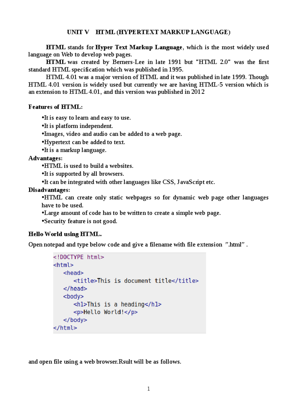 Html Comple Notes And Programming Coded Unit V Html Hypertext Markup Language Html Stands