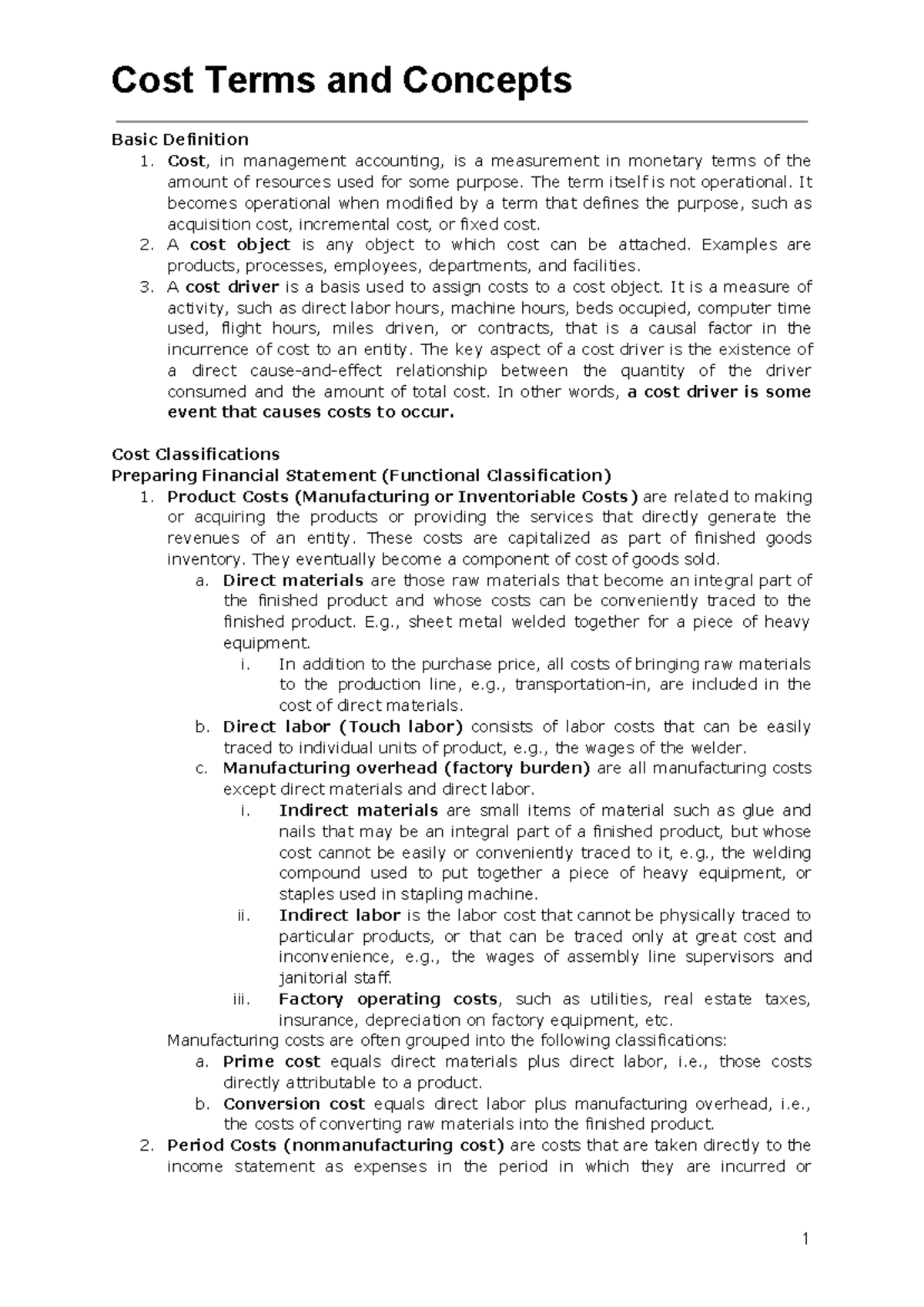 MAS-1 -2 - Cost Terms and Concepts Basic Definition 1. Cost , in ...