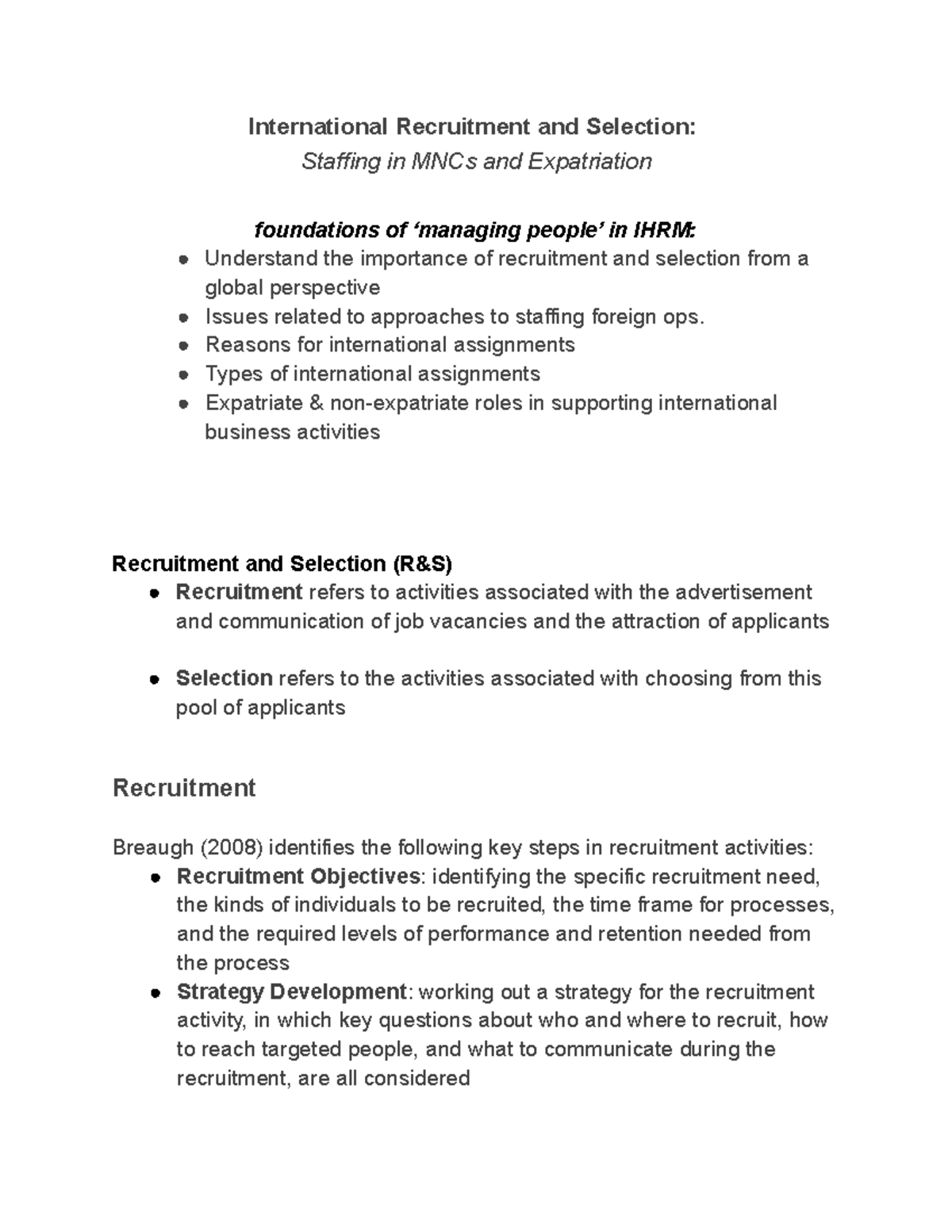 International Recruitment and Selection notes - International ...