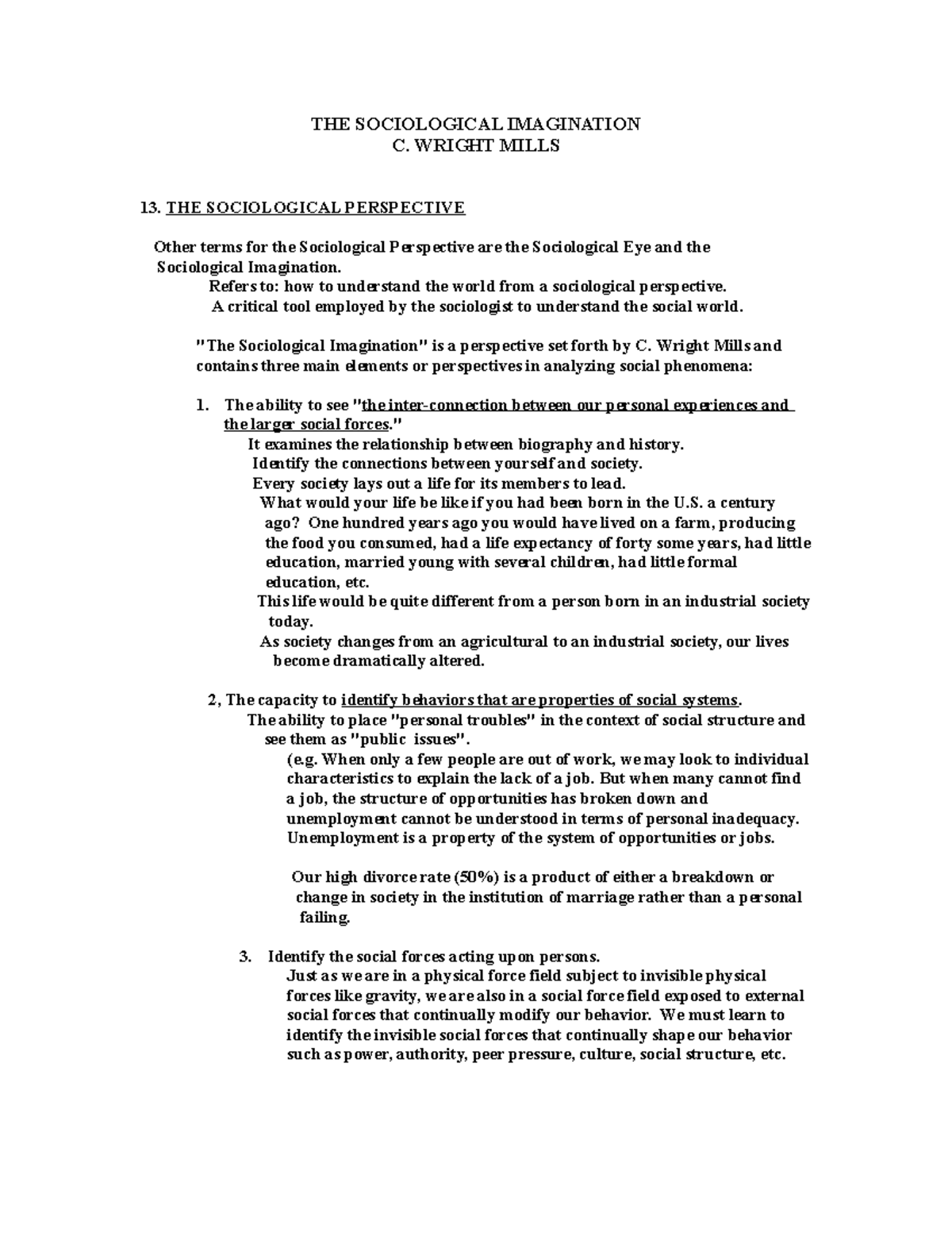 4 4260 the sociological imagination - THE SOCIOLOGICAL IMAGINATION C ...