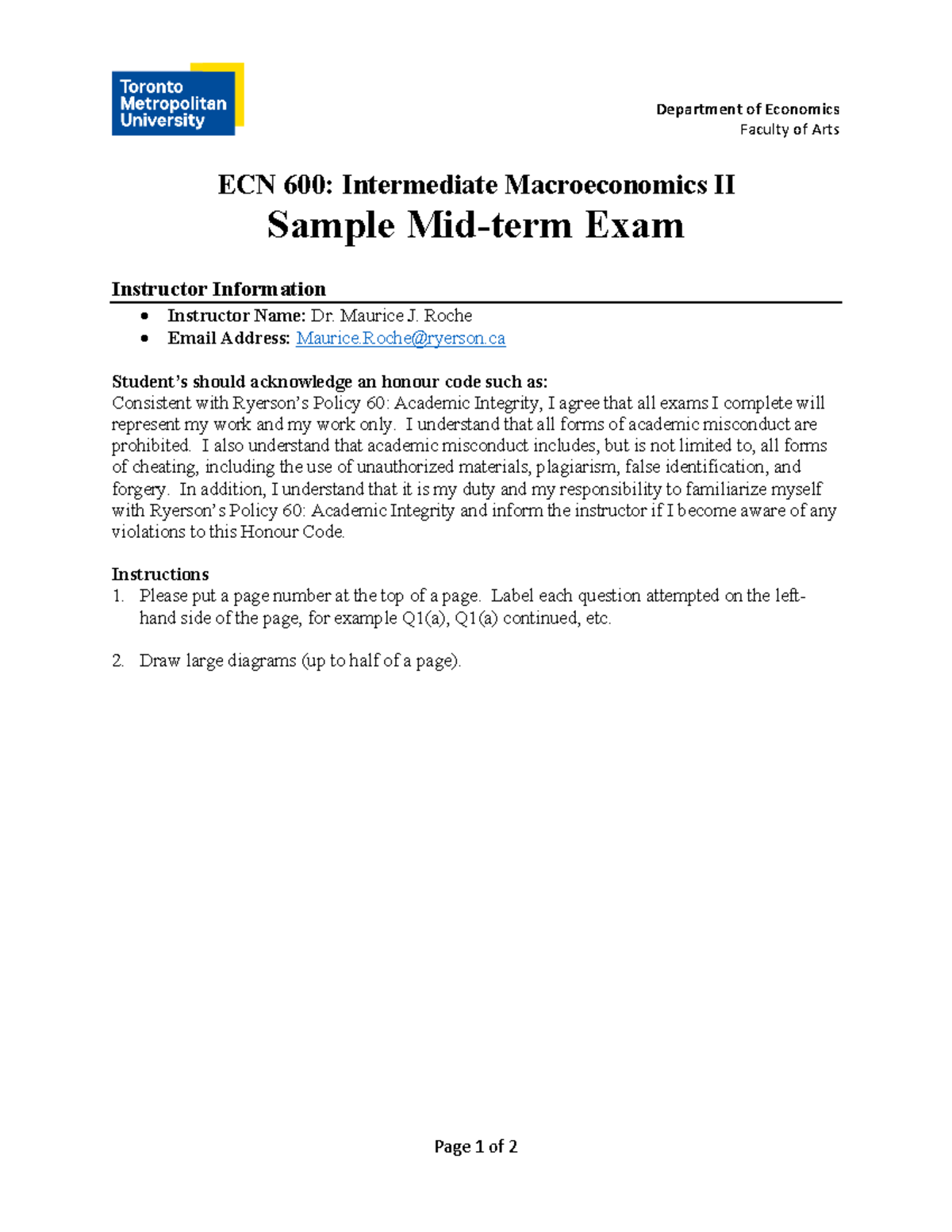 ECN600 - Roche - Sample Mid-term Exam - Department of Economics Faculty ...