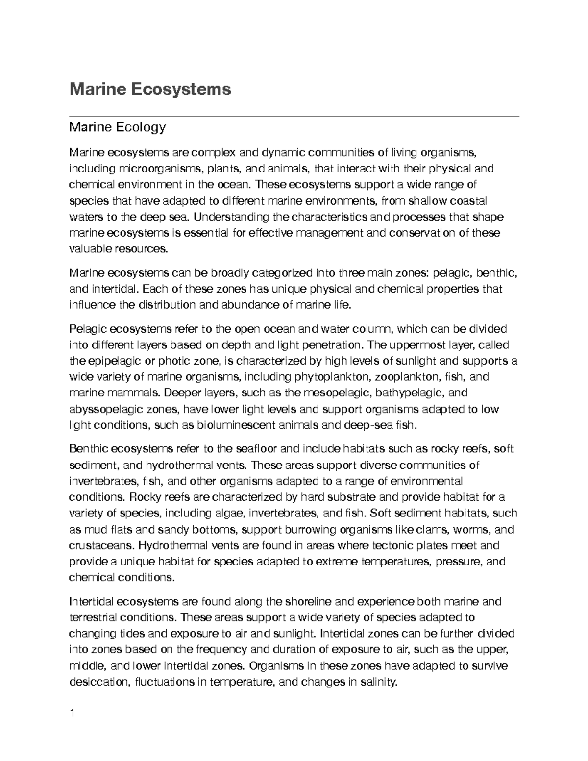 Marine Ecosystems Summary and Vocab - Marine Ecosystems Marine Ecology ...