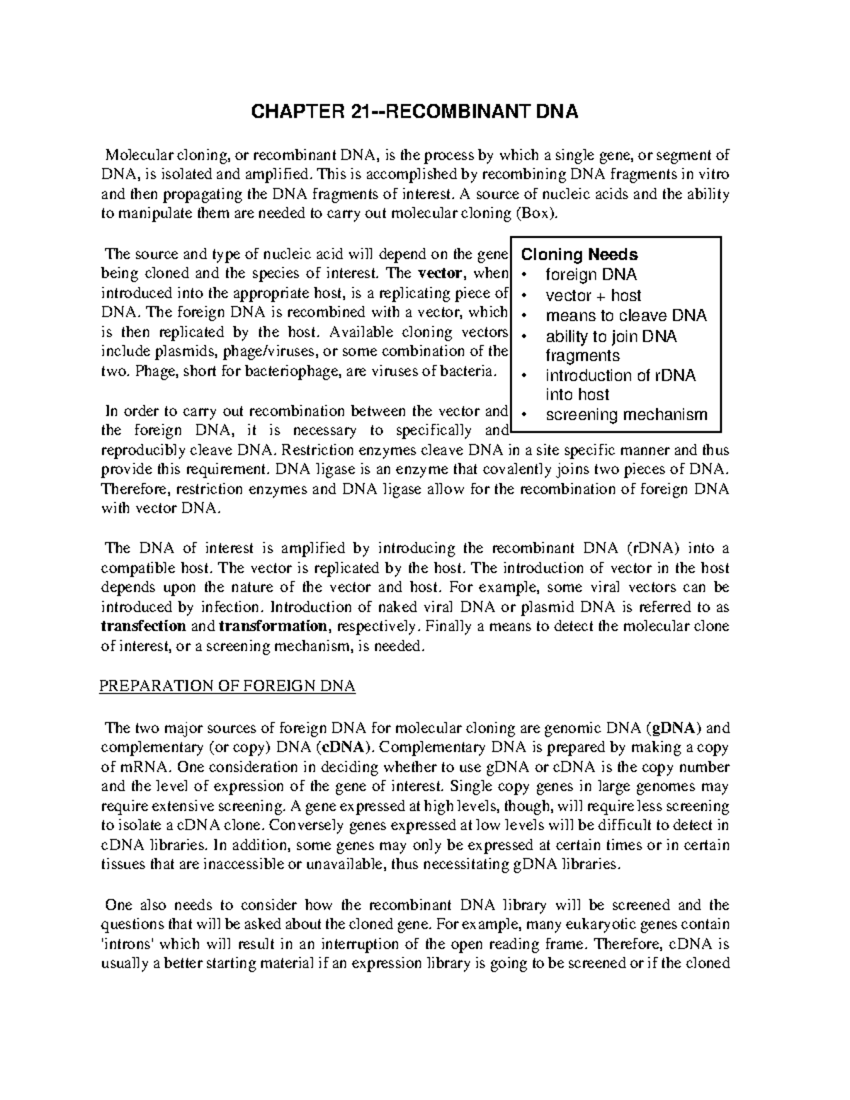 Chapter 21- Recombinant DNA - CHAPTER 21-RECOMBINANT DNA Molecular cloning, or recombinant DNA ...