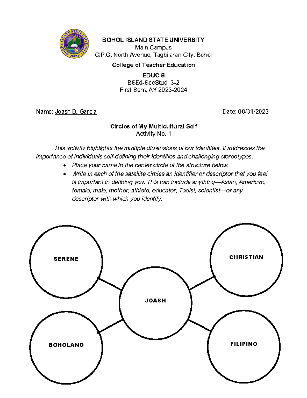 Activity No. 1-Circles of My Multicultural Self Garcia Joash - BOHOL ...