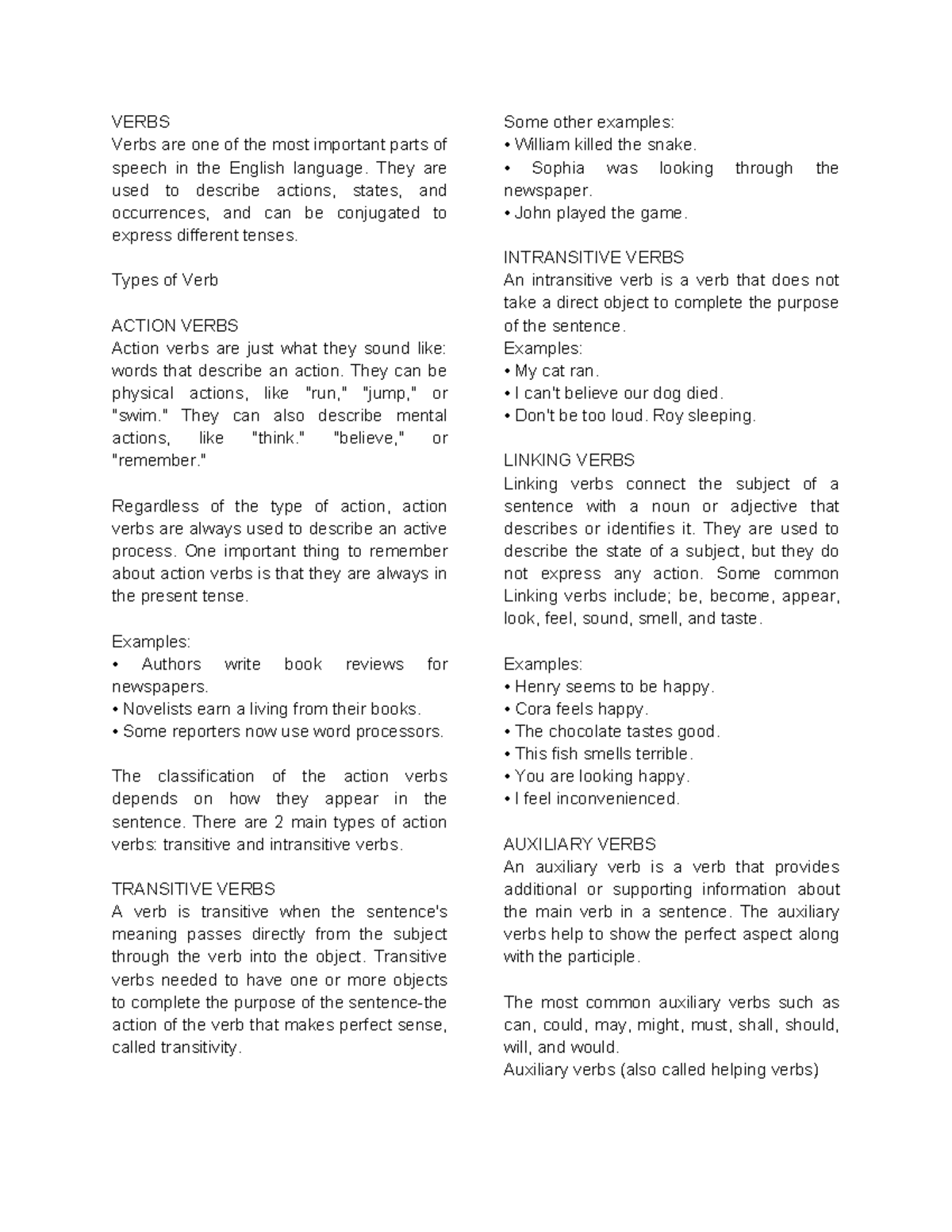 Verbs - VERBS Verbs are one of the most important parts of speech in ...