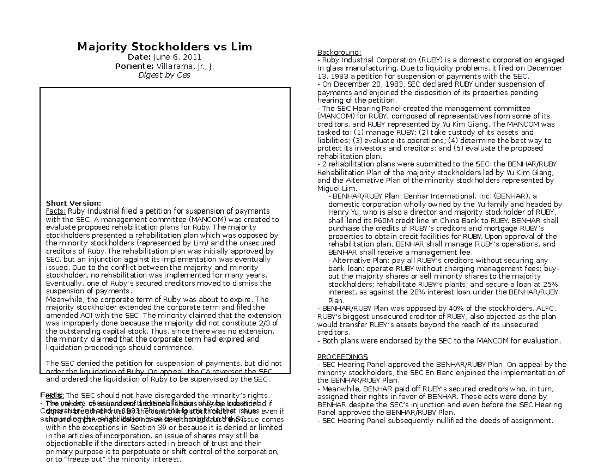 412538410 074 Majority Stockholders of Ruby Industrial v Lim - Majority ...