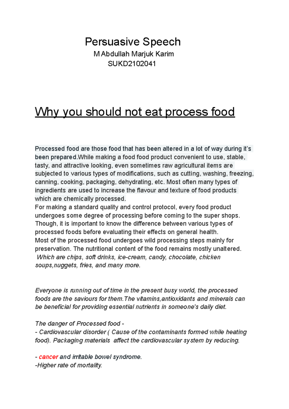 Persuasive Speech Outline for Semester 1 - Persuasive Speech M Abdullah ...