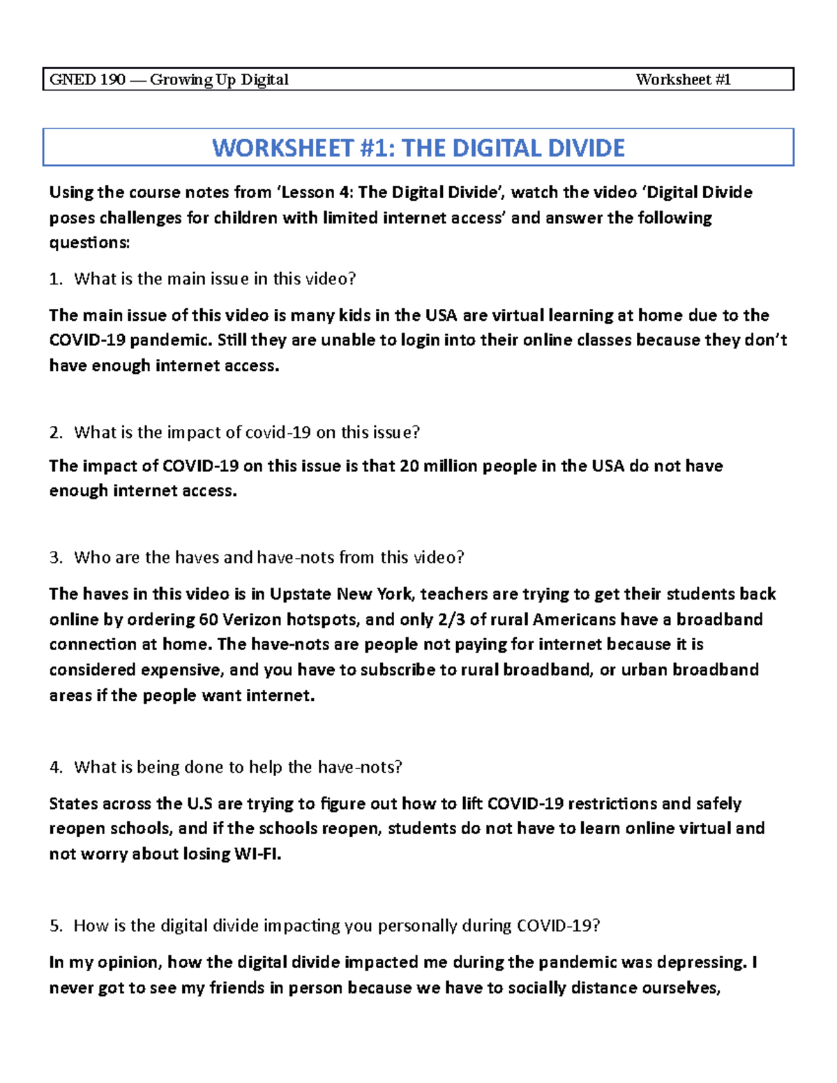 GNED 190 - Worksheet #1 - GNED 190 — Growing Up Digital Worksheet ...