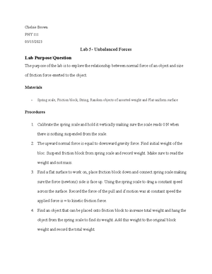 LAb 4 worksheet PHY 111 - for phy111 - Lab 4 Worksheet Name Chelsie Brown Newton’s First Law ...