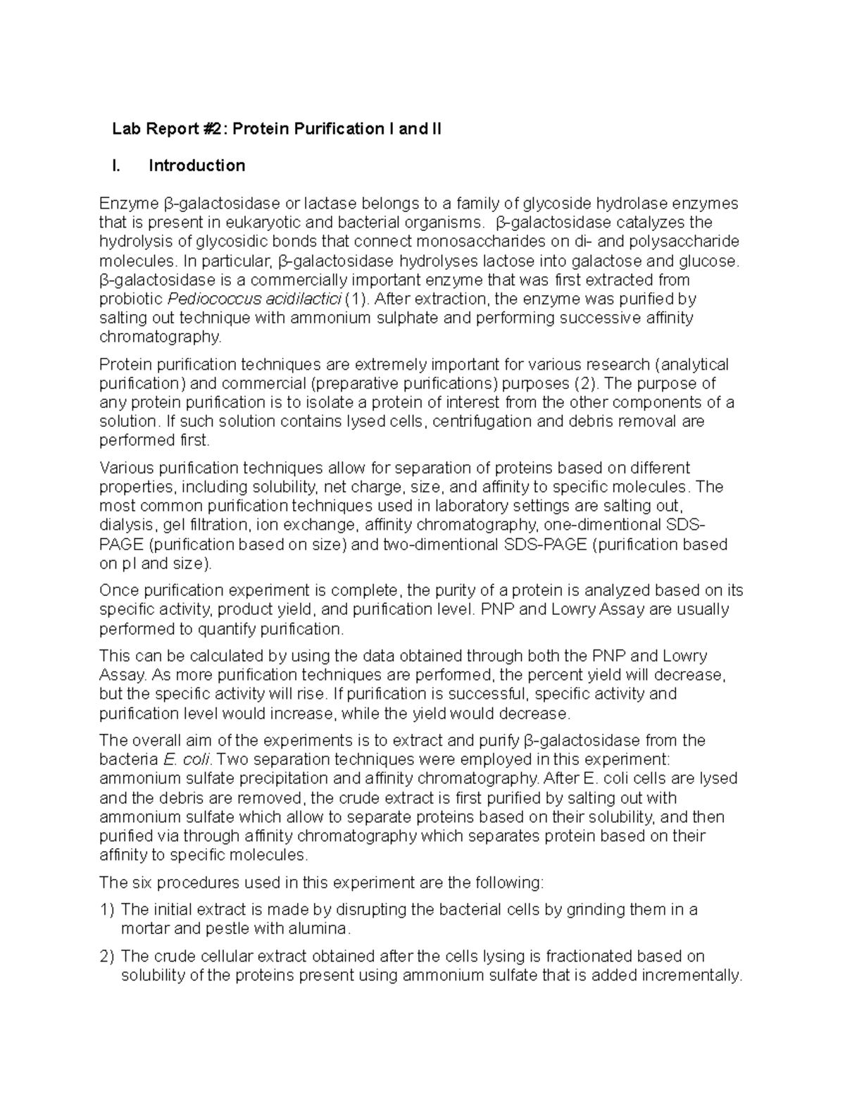 Lab report 2 copy - Lab Report #2: Protein Purification I and II I ...
