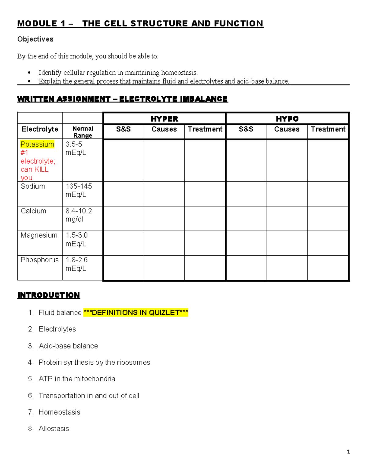 Module 1 Outline - MODULE 1 – THE CELL STRUCTURE AND FUNCTION ...
