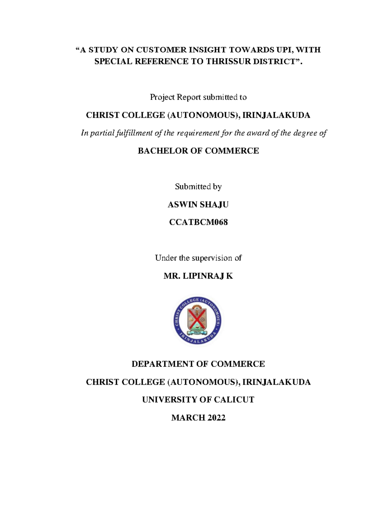 Project upi - “A STUDY ON CUSTOMER INSIGHT TOWARDS UPI, WITH SPECIAL ...