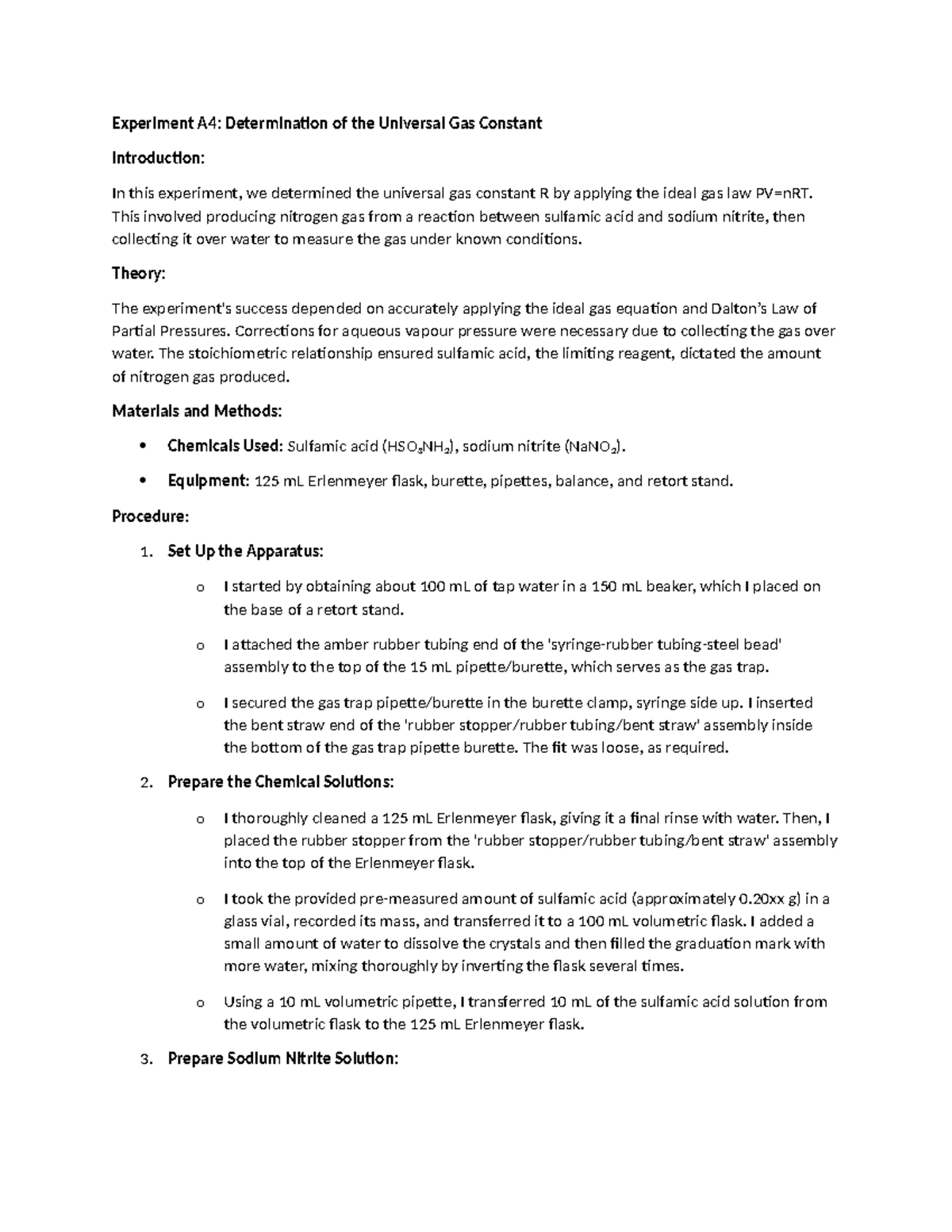 Lab A4 formal report - 100% - Experiment A4: Determination of the ...