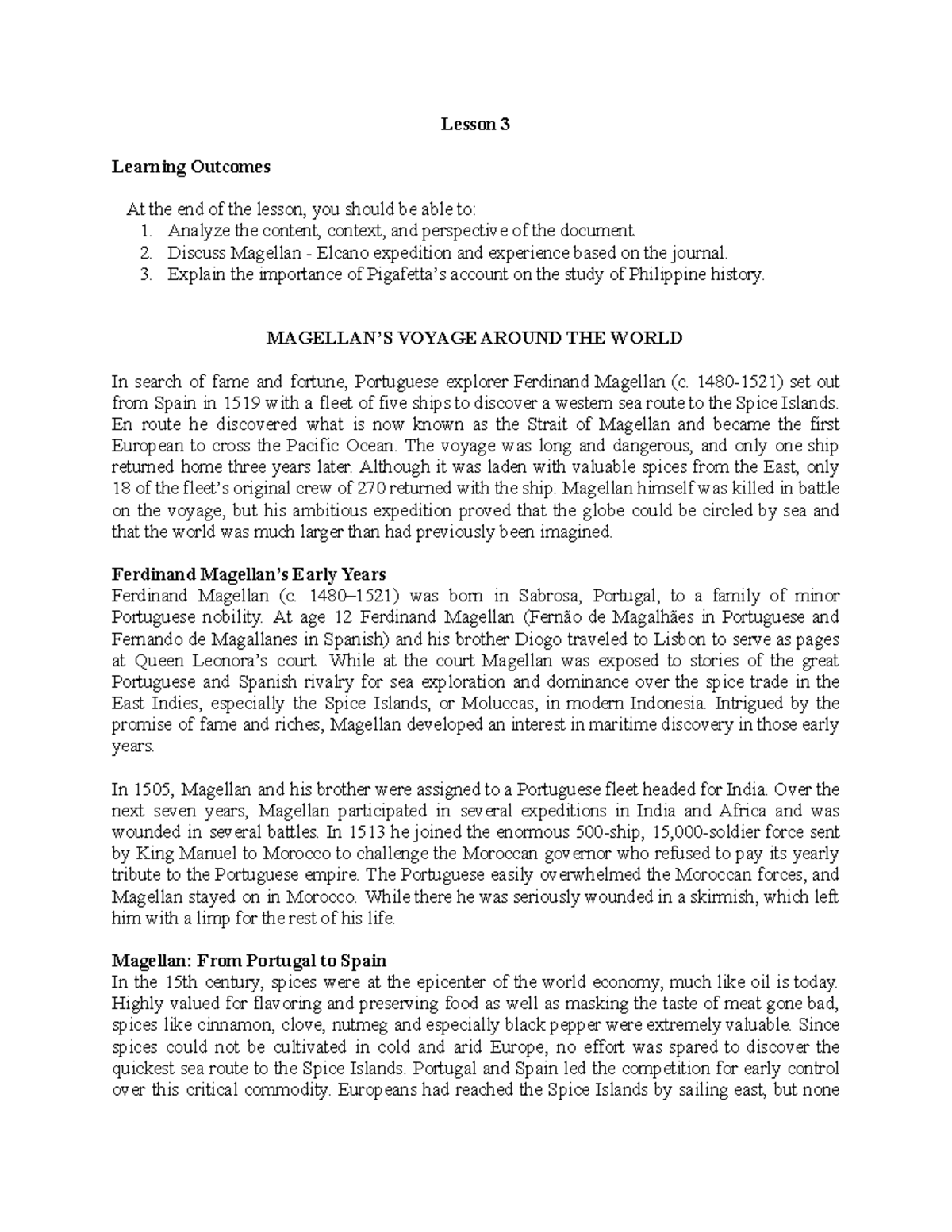 Lesson 3 - Magellan’S Voyage Around THE World - Lesson 3 Learning ...