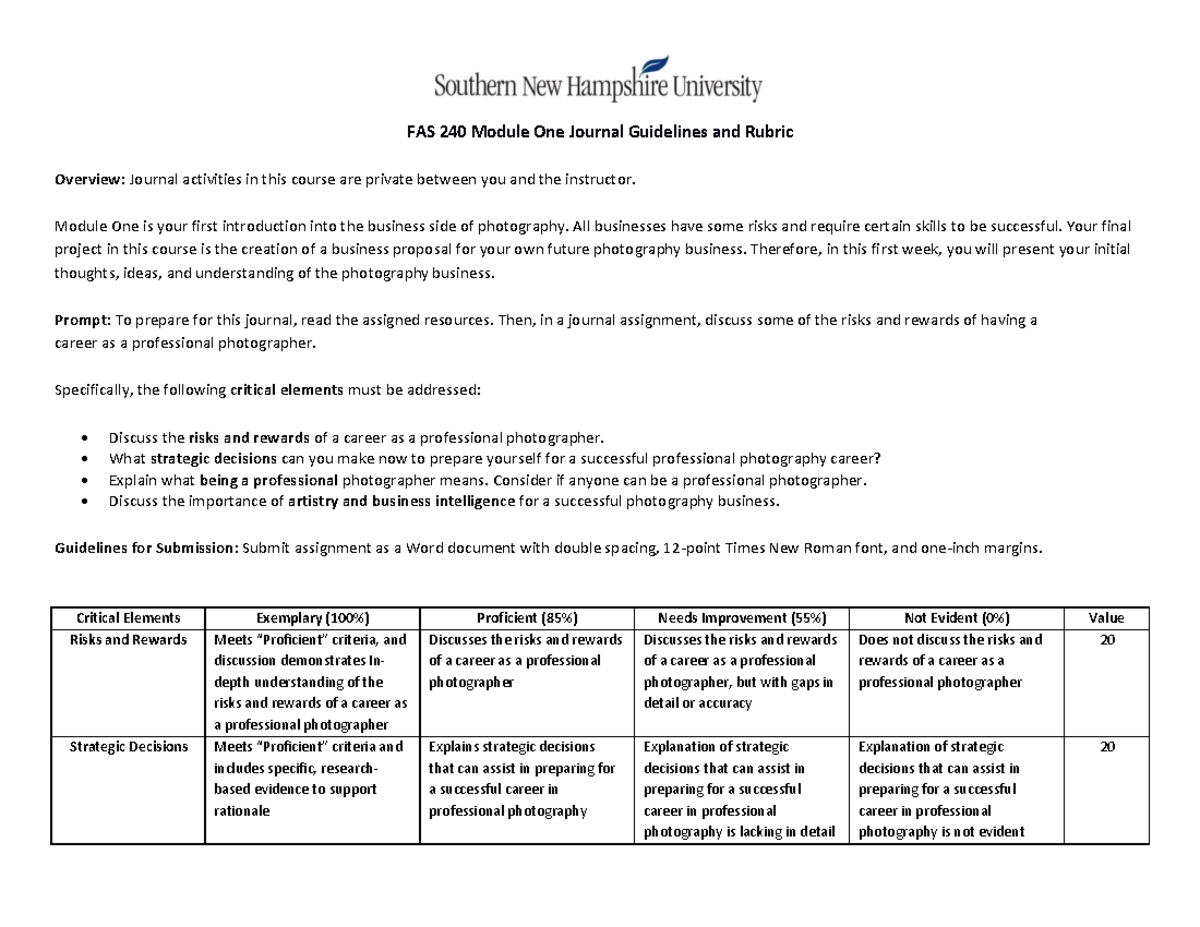 FAS 240 Module One Journal Guidelines and Rubric - Module One is your ...
