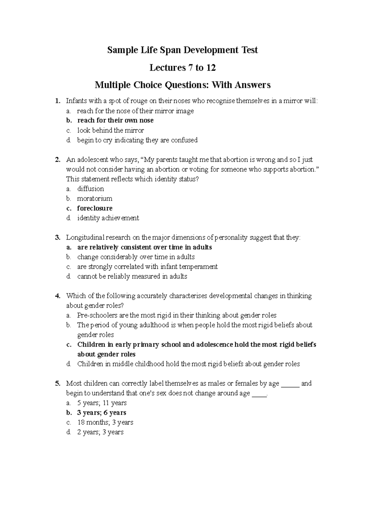 Sample Life Span Development Test With Answers 7-12 (2) - Sample Life ...