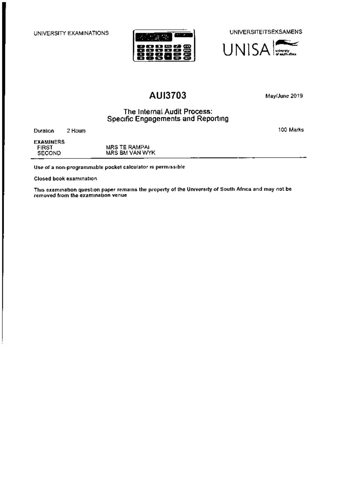 Exam June 2019, questions - AUI3703 - Studocu