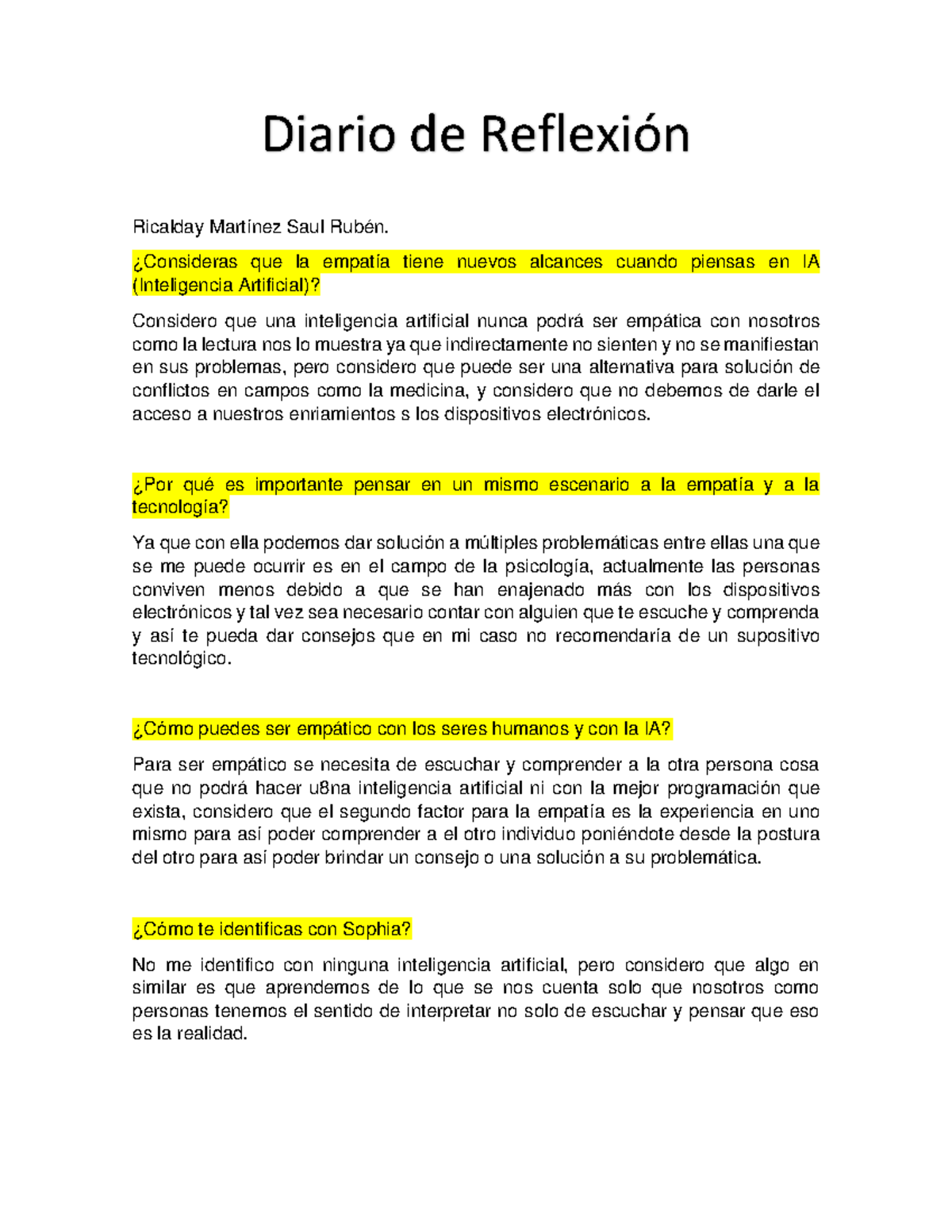 Diario de reflexion unidad 2 - Ricalday Martínez Saul Rubén. ¿Consideras que la empatía tiene ...