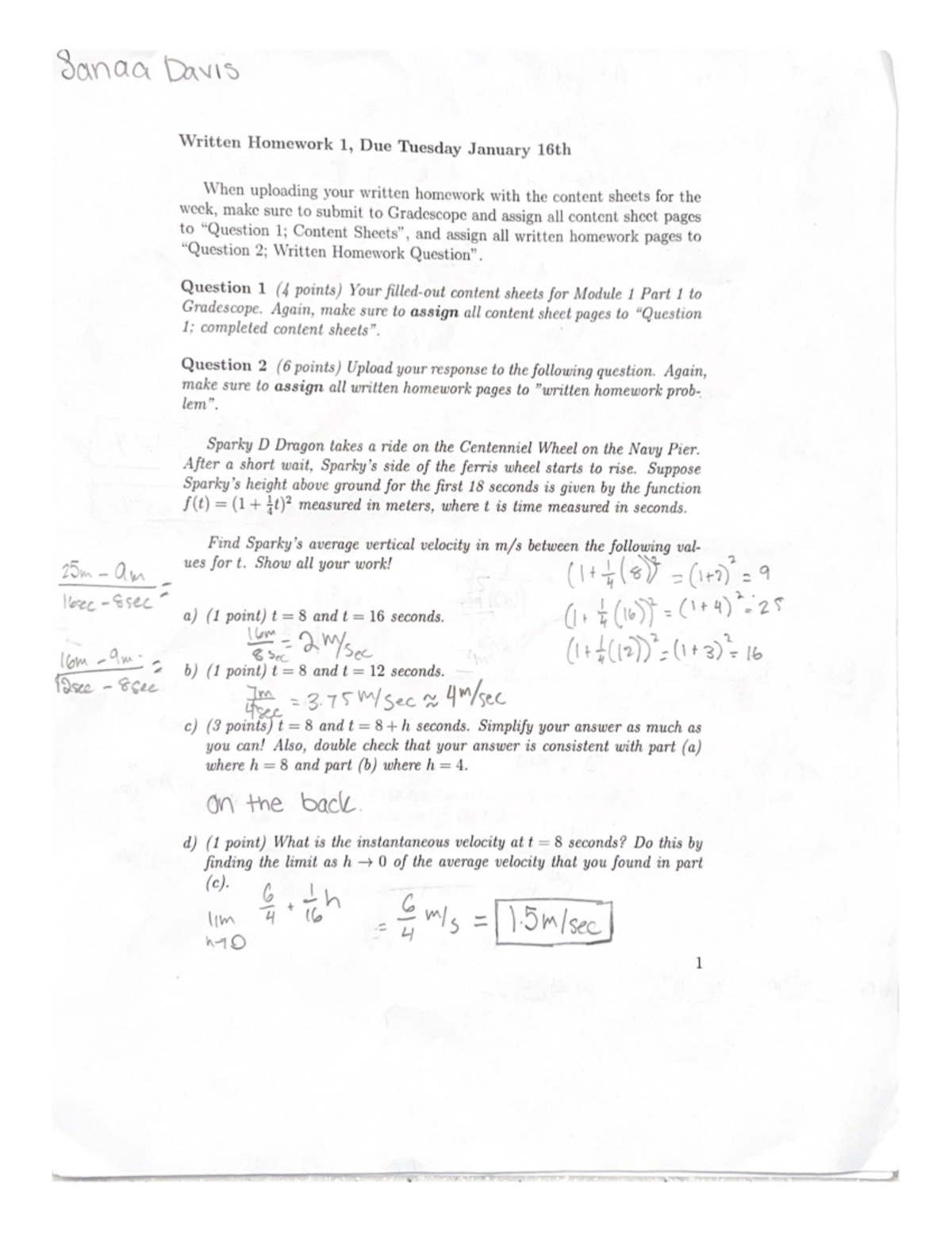 Homework - written hw 1 - Sanaa Davis Written Homework 1, Due Tuesday ...