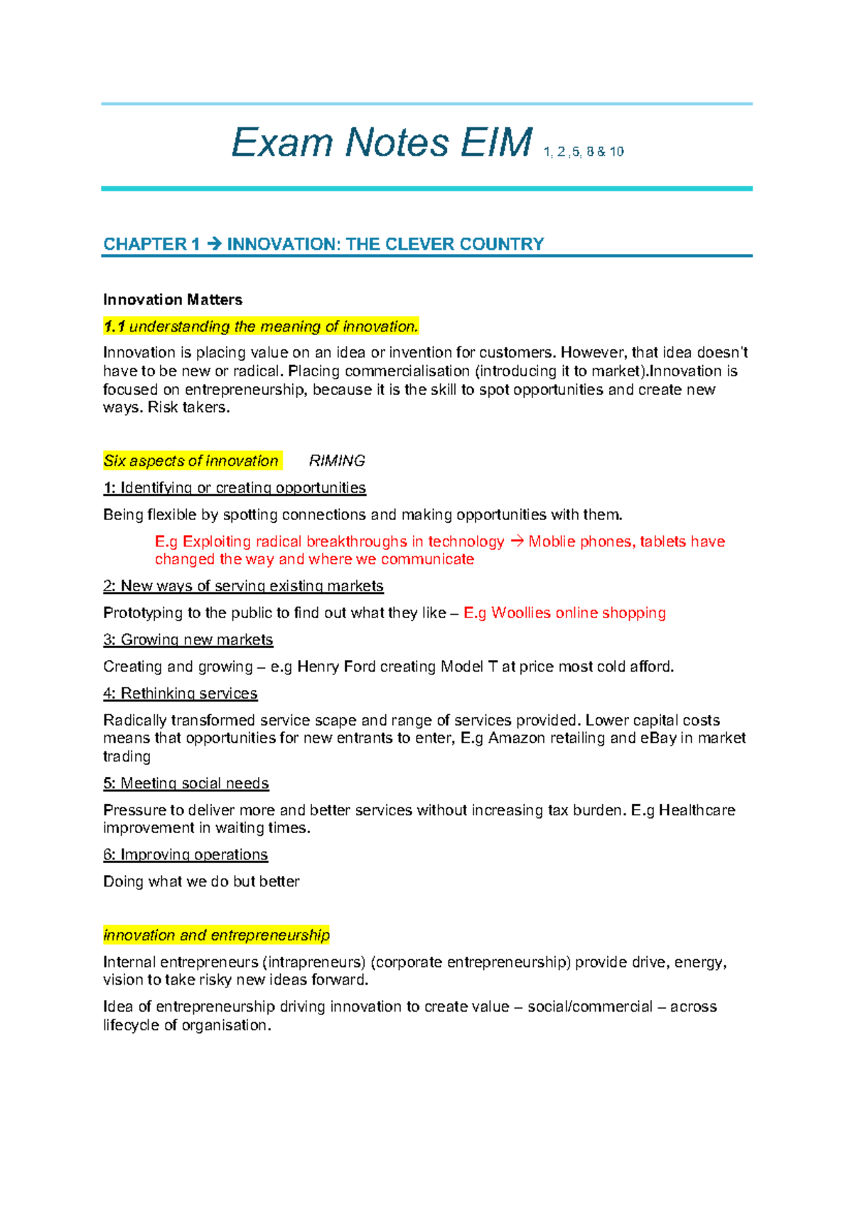 Enterprise Exam Notes from past EIM - Exam Notes EIM 1, 2 ,5, 8 10 ...