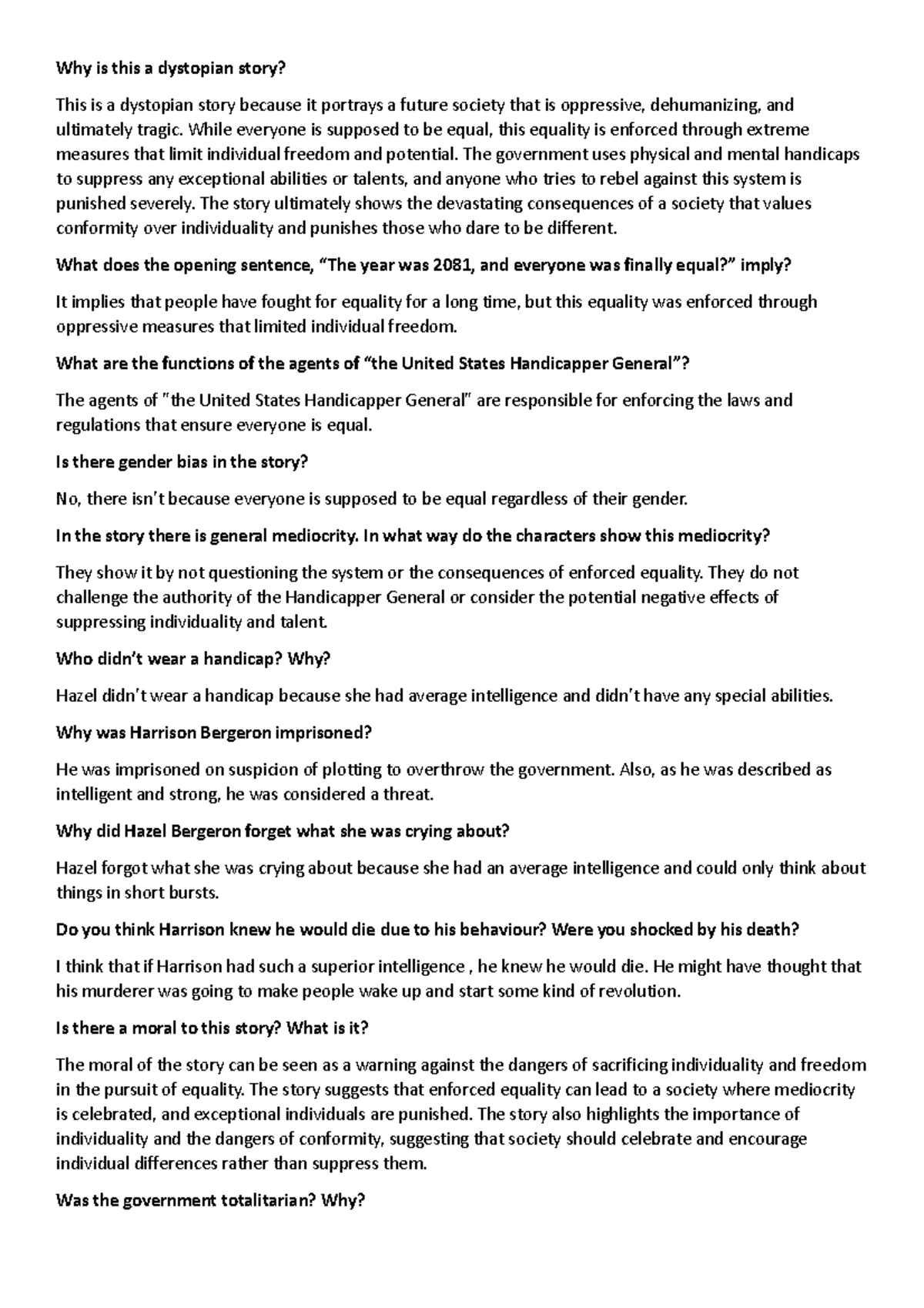 Harrison Bergeron - Questionnaire Answers - Why is this a dystopian ...