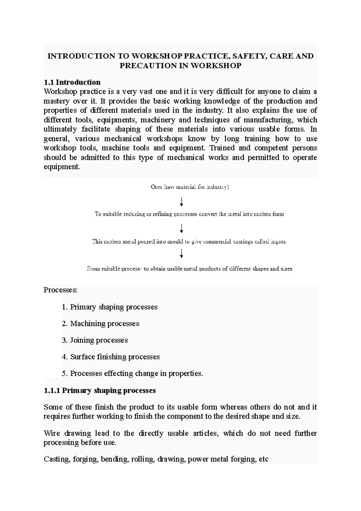 INTRODUCTION TO WORKSHOP PRACTICE, SAFETY, CARE AND PRECAUTION IN ...