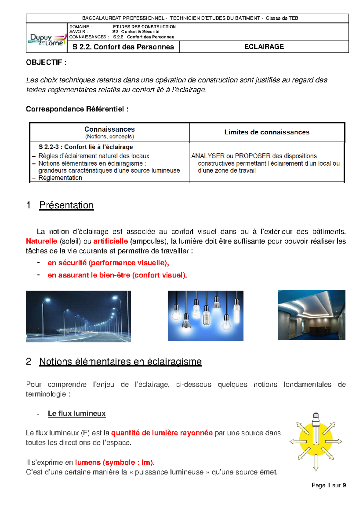 S22 Eclairage Cours ENS - DOMAINE : ETUDES DES CONSTRUCTION SAVOIR : S2 Confort & Sécurité - Studocu