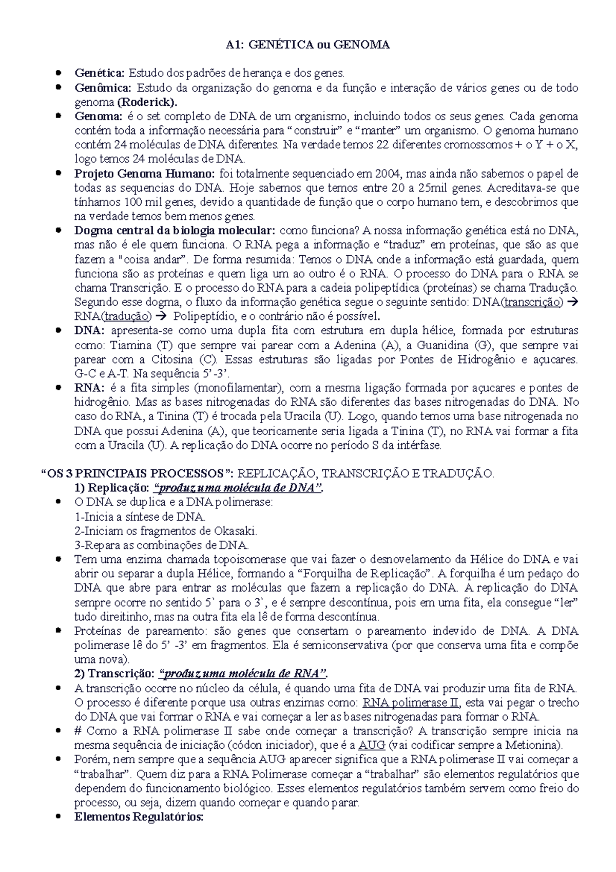 Aula 1 - genética (A1 Genética ou Genoma Daniel milward) - A1: ou ...