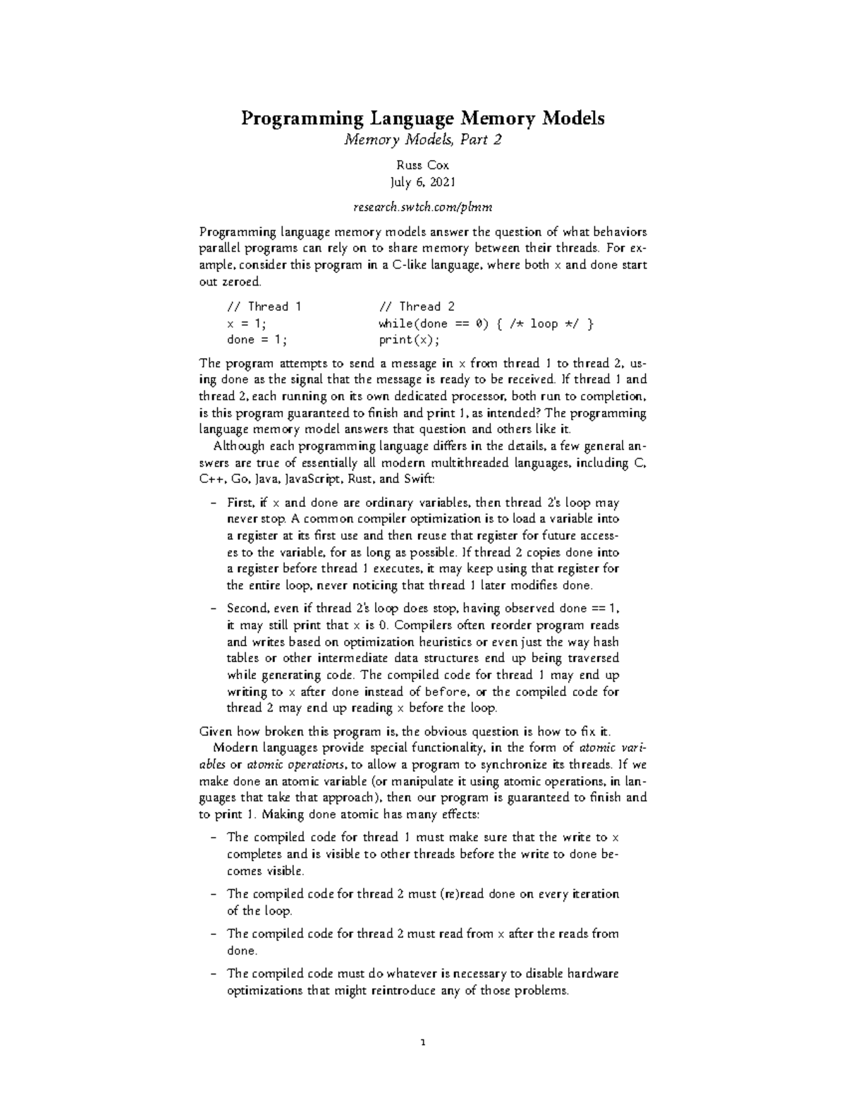 Cox memory models 2 pl - paper - Programming Language Memory Models Memory Models, Part 2 Russ ...