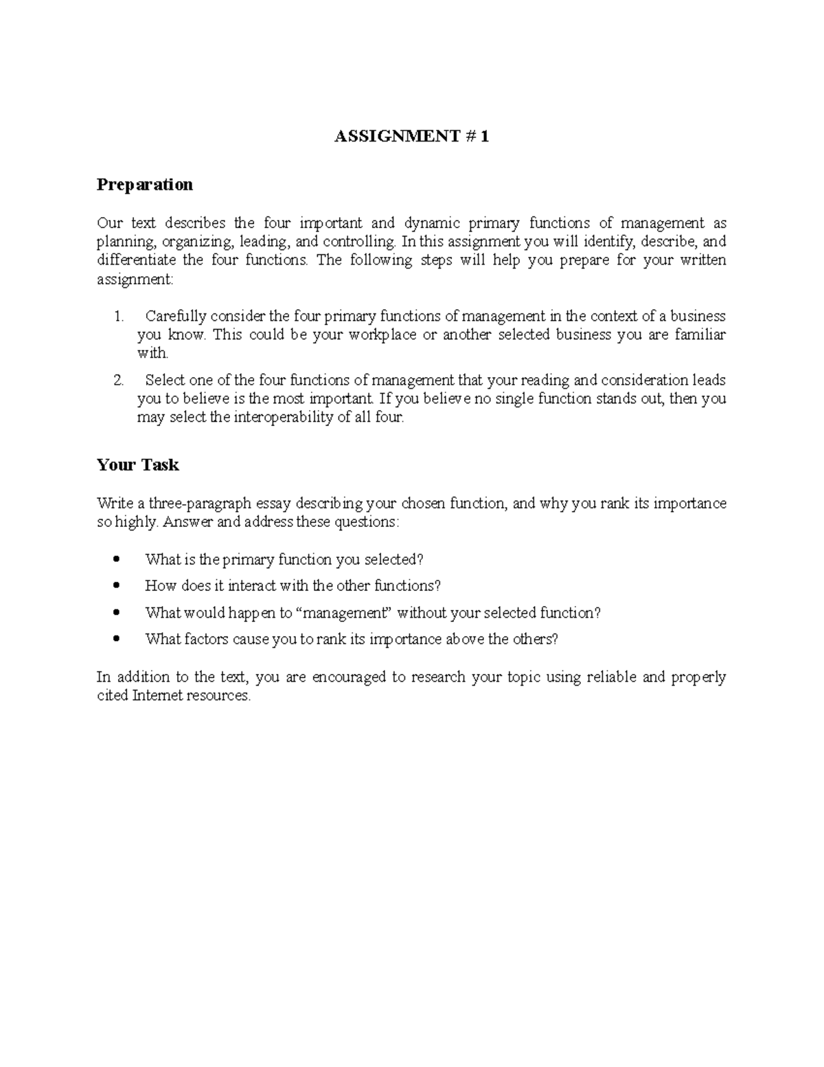 Assignment # 1,POM,F22 - ASSIGNMENT # 1 Preparation Our text describes ...