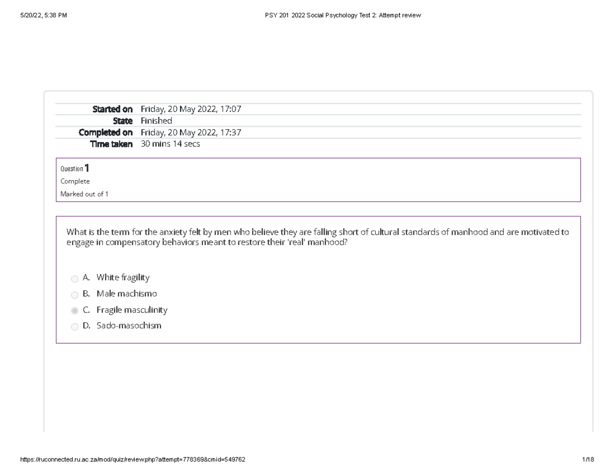 PSY 201 2022 Social Psychology Test 2 Attempt review - Started on ...