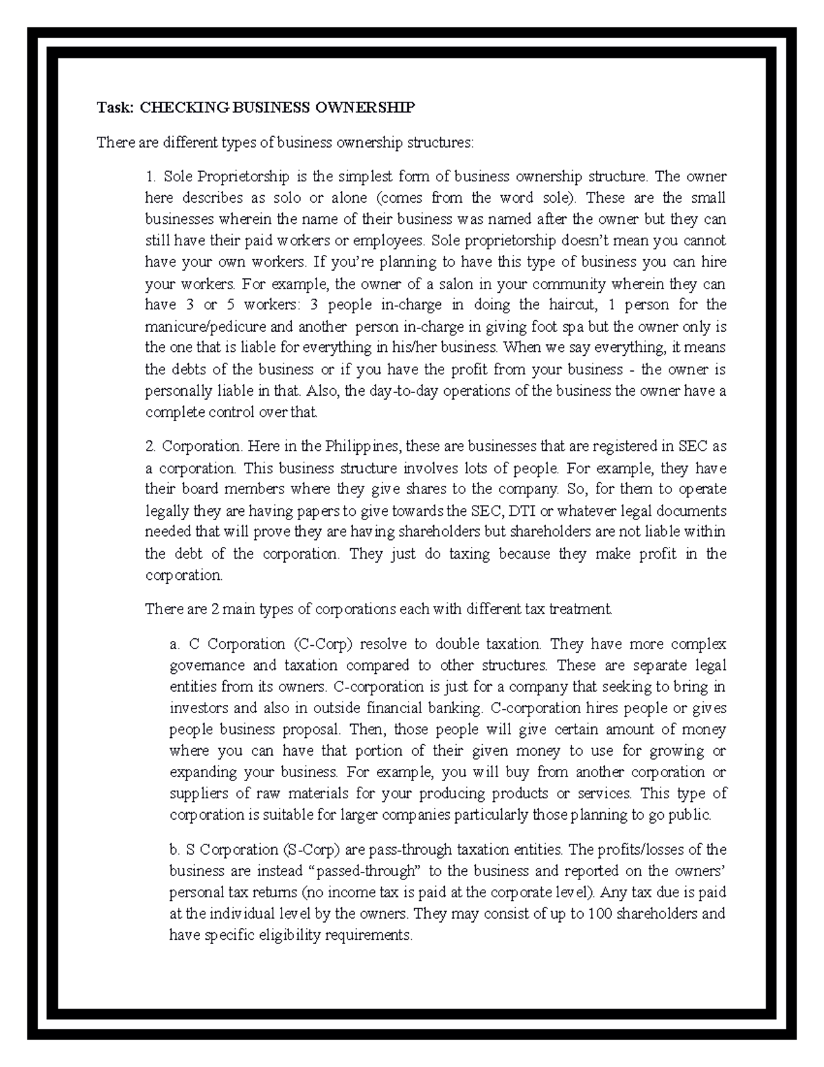 Checking Business Ownership - Task: CHECKING BUSINESS OWNERSHIP There ...