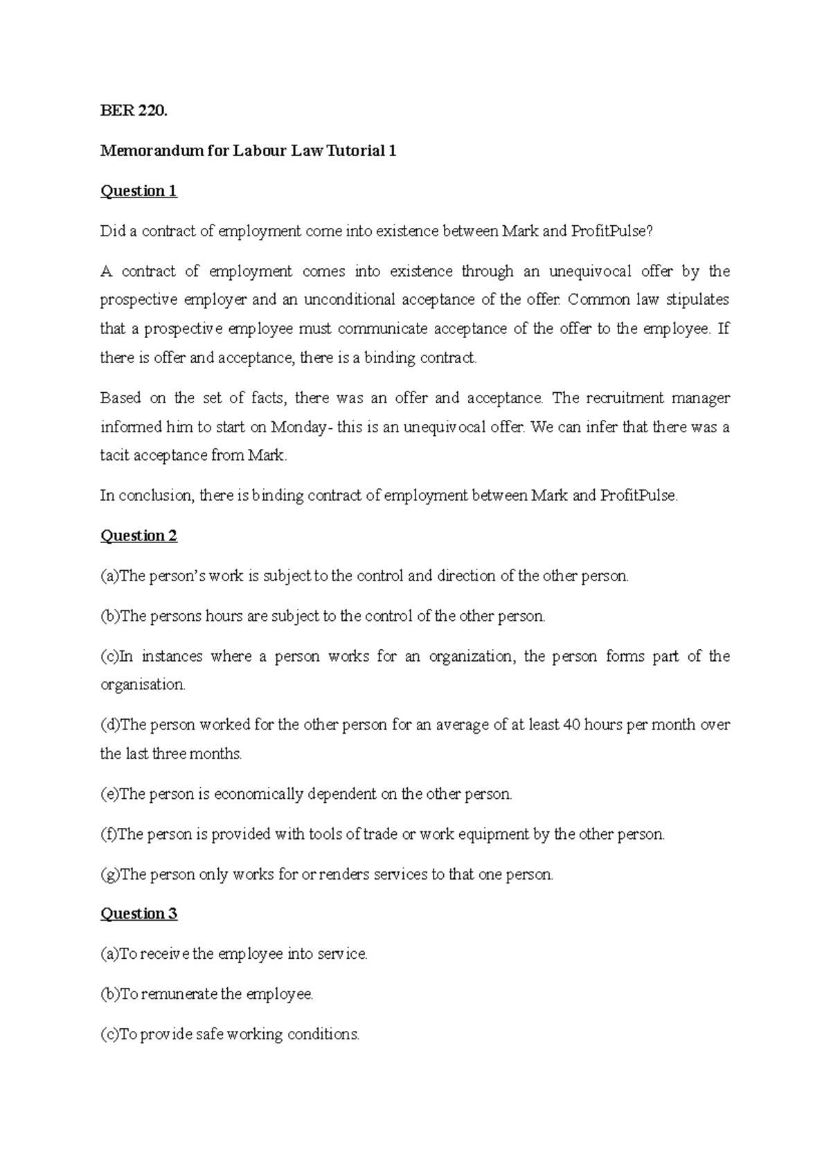 Tutorial 1 Memo BER - BER 220. Memorandum for Labour Law Tutorial 1 ...