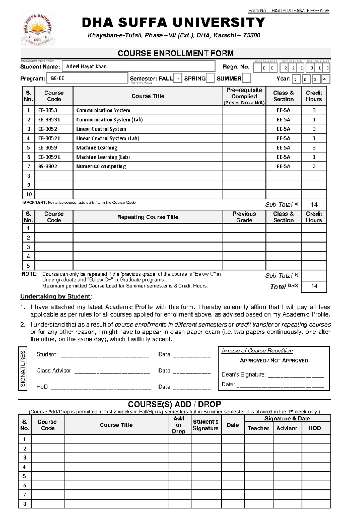 Course Enrollment FORM 02-01-2019 - DHA SUFFA UNIVERSITY Khayaban-e ...