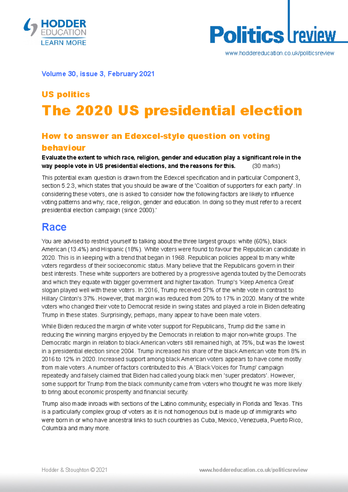 Politics Review 30 3 US Voting behaviour 1 - Volume 30, issue 3 ...