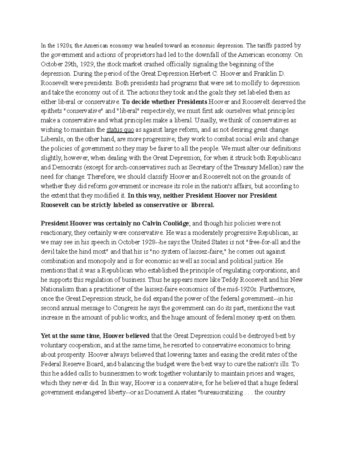 DBQ Hoover vs. Roosevelt (1984) - In the 1920s, the American economy ...
