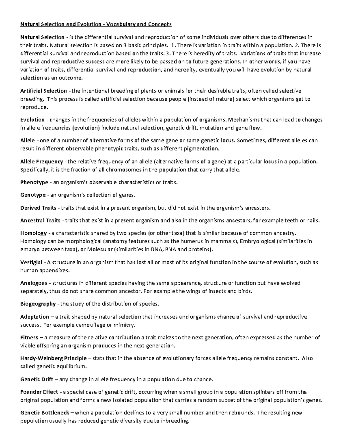 Vocabulary Evolution Review - Natural Selection and Evolution ...