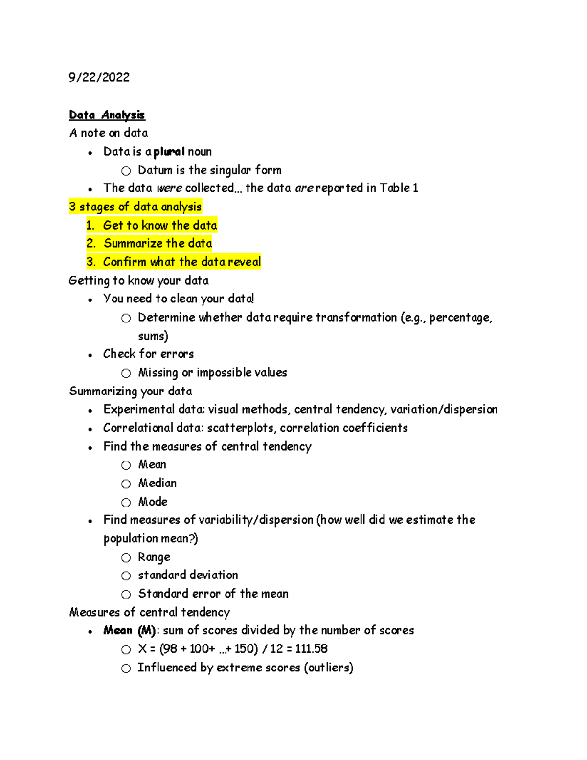 Data Analysis Statistics - 9/22/ Data Analysis A note on data Data is a ...