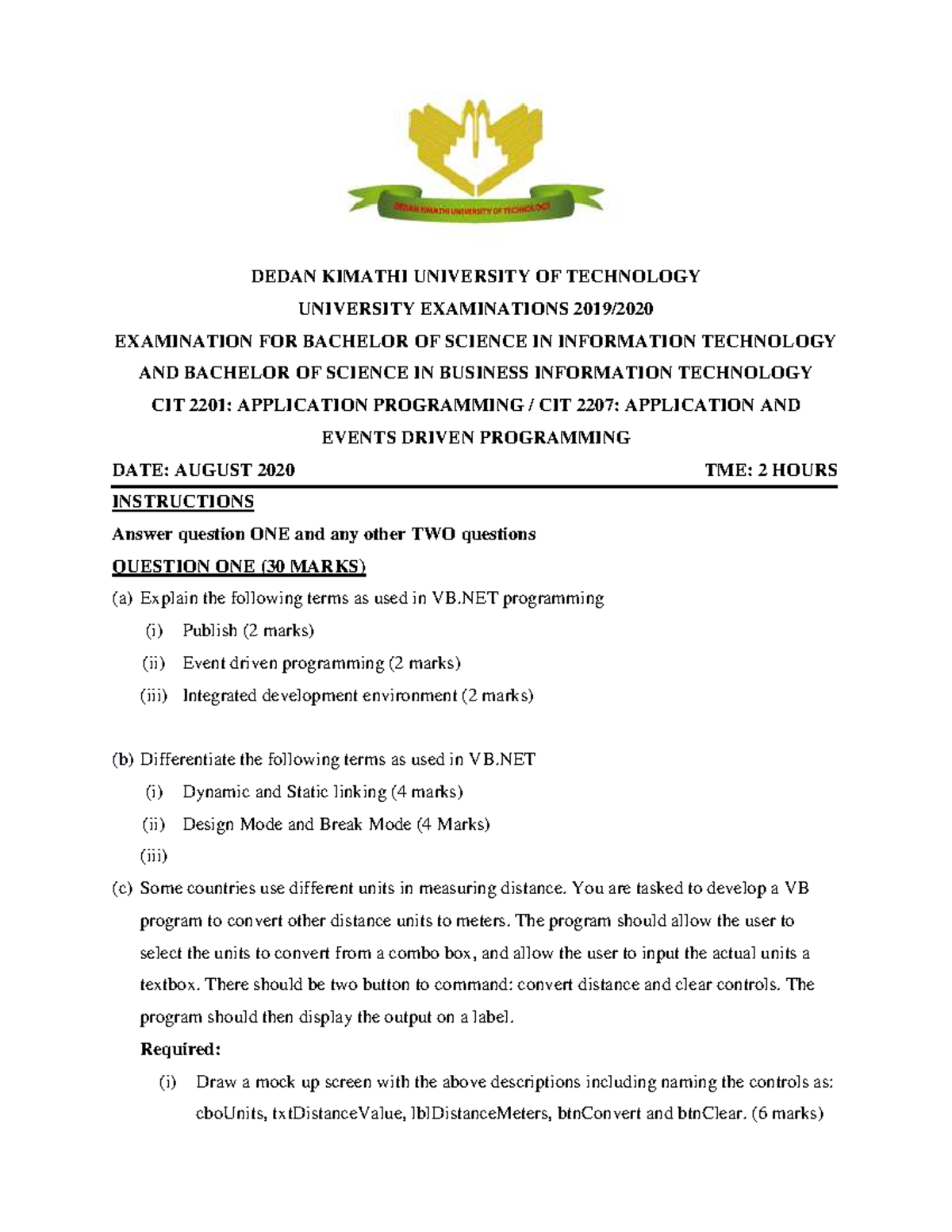Cit 2207 Qp Application Programming Bit And Bbit Dedan Kimathi University Of Technology