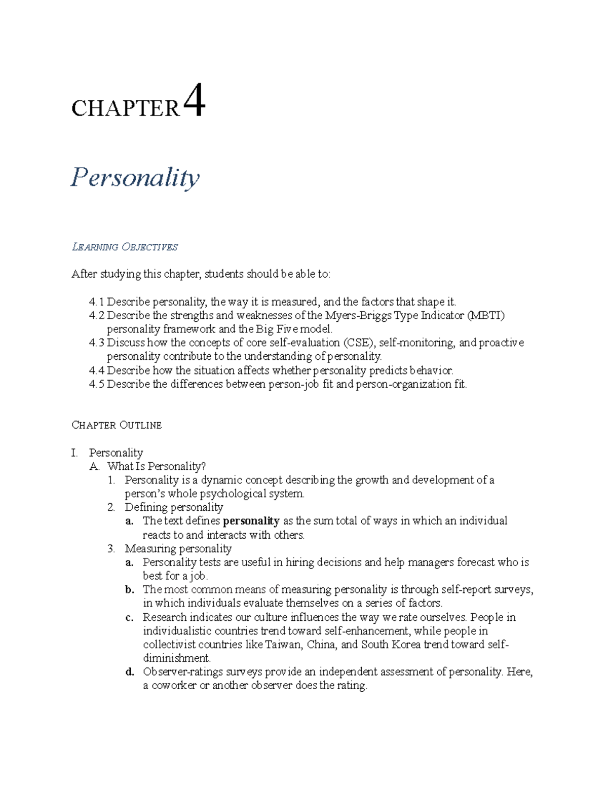 Chapter 4 - Organizational Behaviour - CHAPTER 4 Personality LEARNING ...